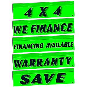 Versa Tags Windshield Slogan Stickers 12 Pack Each of 4X4, WE Finance, FINANCING Available, Warranty, Save (60) Window Stickers Total Dealership Stickers Black On Green