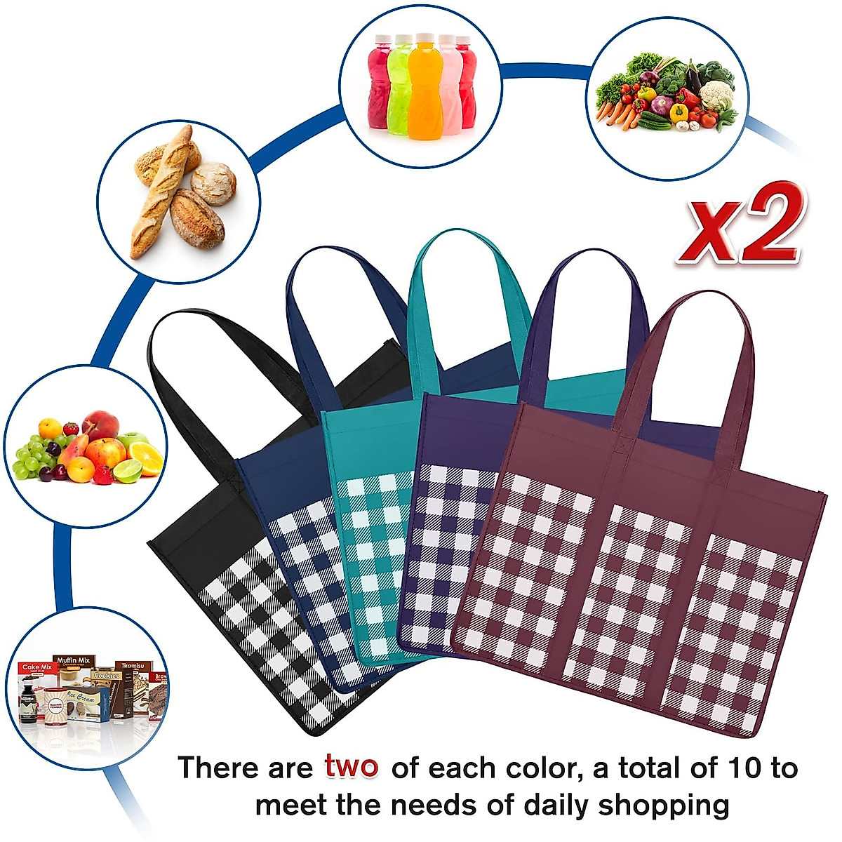 WISELIFE Reusable Grocery Shopping Bags 10 Pack Large Foldable Tote Bags Bulk, Eco Produce Bags with Long Handle for Shopping Groceries Clothes (Plaid C)