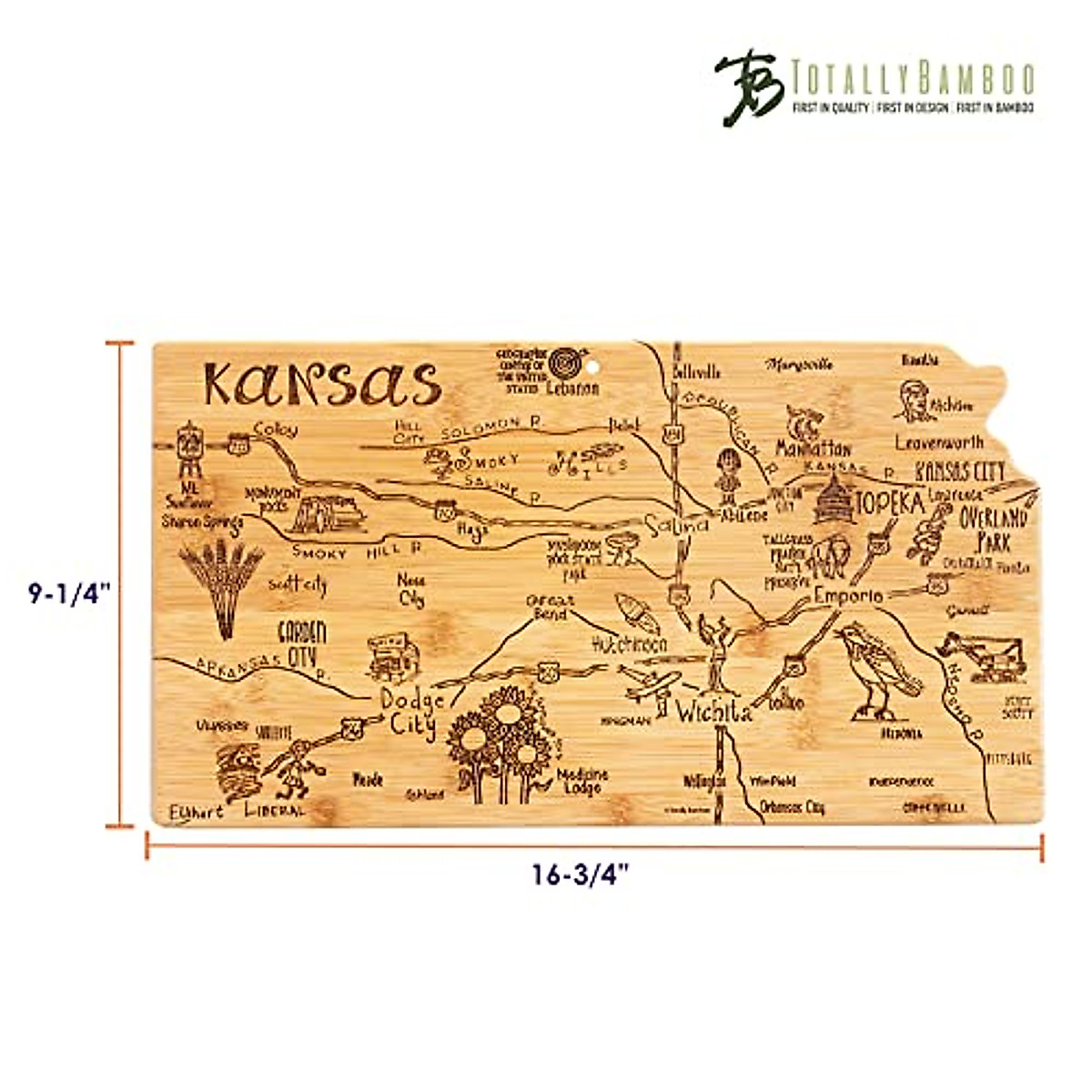 Totally Bamboo Destination Kansas State Shaped Serving and Cutting Board, Includes Hang Tie for Wall Display