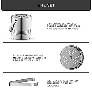 JoyJolt Metal Double Wall Ice Bucket with Lid, Ice Tongs and Strainer. 3L Insulated Ice Bucket for Cocktail Bar, Wine, Home Bar Accessories, Parties, Champagne Bucket. Stainless Steel Ice Buckets