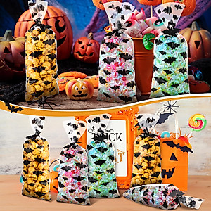Gueevin 150 Set Halloween Bat Cellophane Candy Treat Bags Trick or Treat Cello Favor Bags Ghost Bat Cookie Goodie Bags Bulk with Twist Ties Gift Cards for Halloween Party Supplies