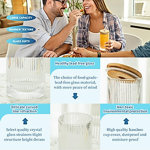 Ribbed Glass Cups With Lids And Straws, 16oz Drinking Glasses, Vintage Glassware Set of 4 Large, Origami Style Cocktail Glasses, Tumbler for Bar Beverages, Whiskey (4PCS-16 Oz With Lid And Straw)