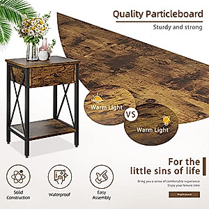 Vongrasig Nightstand with Wooden Drawer and Storage Shelf, Narrow Side Table for Small Spaces with Industrial Steel Frame, Modern Bedside End Tables with Drawer for Bedroom, Living Room, Rustic Brown