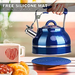 Secura Whistling Tea Kettle, 2.3 Qt Hot Water Kettle, Stainless Steel Tea Pot for Stovetops, Blue Teakettle, Tea Infuser with Silicone Handle, Silicone Trivets Mat