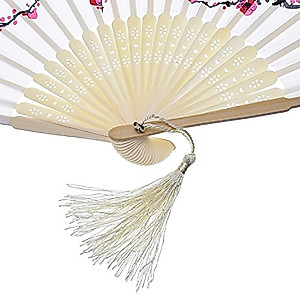 2 Pieces Folding Fans Handheld Fans Bamboo Fans with Tassel Women's Hollowed Bamboo Hand Holding Fans for Wall Decoration, Gifts (White Cherry)