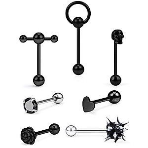 Prjndjw 14G Tongue Rings Skull Tongue Rings Flower/Door Knocker/Silicone Soft Spike Ball/Heart/Cubic Zircon/Double Barbell Wiht Slave Tongue Rings for Women men Body Piercing Jewelry