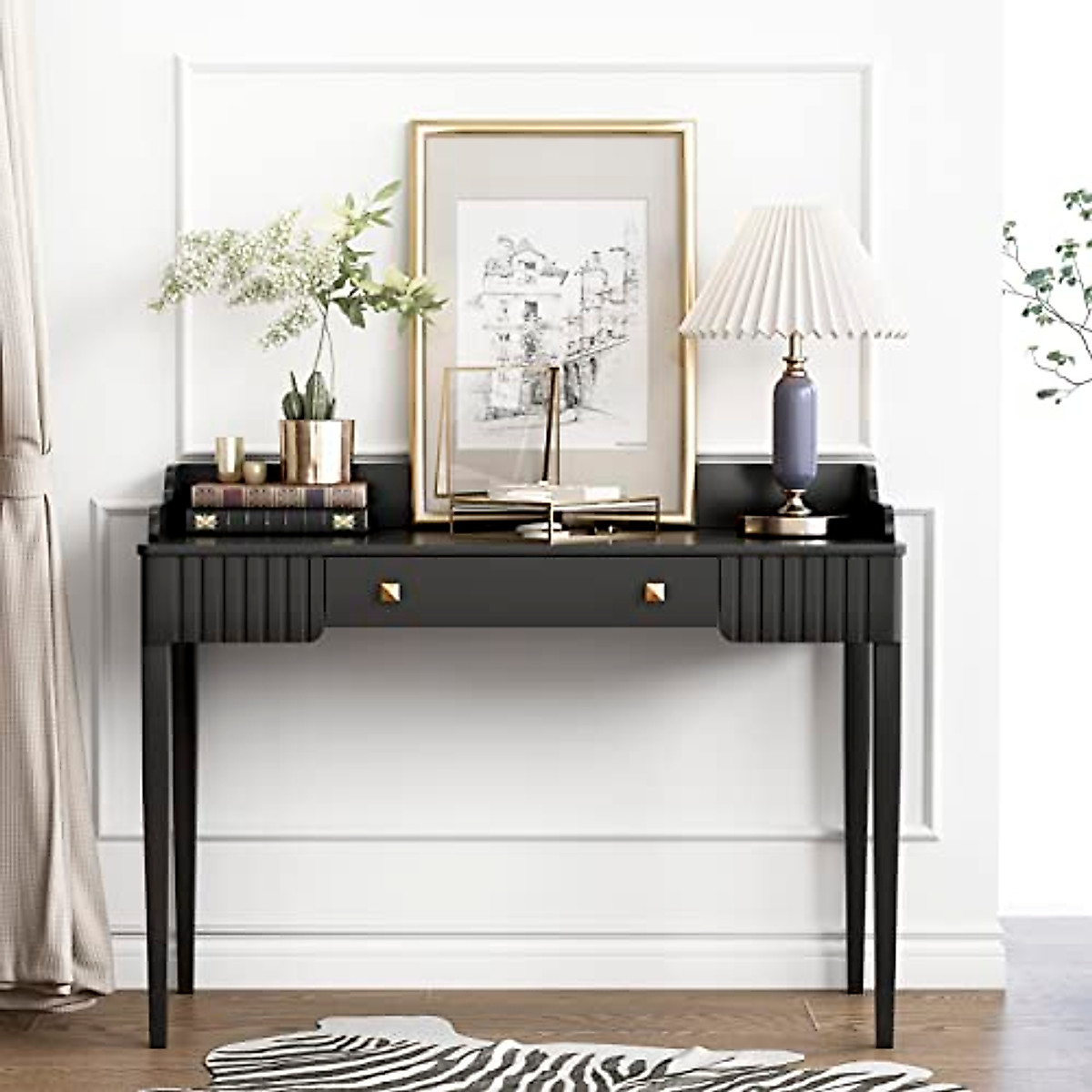 ukorua White Vanity Desk Wooden Desk with Drawer Modern Desk Computer Desk White Makeup Table with Gold Handle (Black)