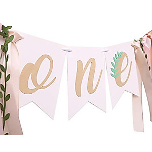 WAHAWU Baby Girl Banner for 1st Birthday - Green Leaf Pink Gold Tan , Rustic High Chair Banner , Boho High Chair Bunting , Photo Decoration Props , Birthday Party Gifts for Girls (Green Leaf pink banner)