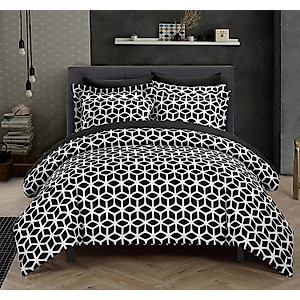 Chic Home Black Reversible Bed in a Bag Duvet Cover Set, King Size (3 Piece), Elizabeth - Geometric Diamond Print Design Microfiber Bedding with Zipper Closure - Duvet & Pillow Shams