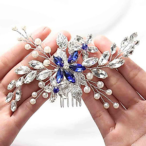 Olbye Wedding Hair Comb Blue Rhinestone Bridal Hair Accessories for Bride and Bridesmaids Wedding Hair Piece Silver