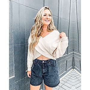 BTFBM Women Casual V Neck Long Sleeve Sweaters Cross Wrap Front Off Shoulder Asymmetric Hem Knitted Crop Solid Pullover(Solid Apricot, Small)