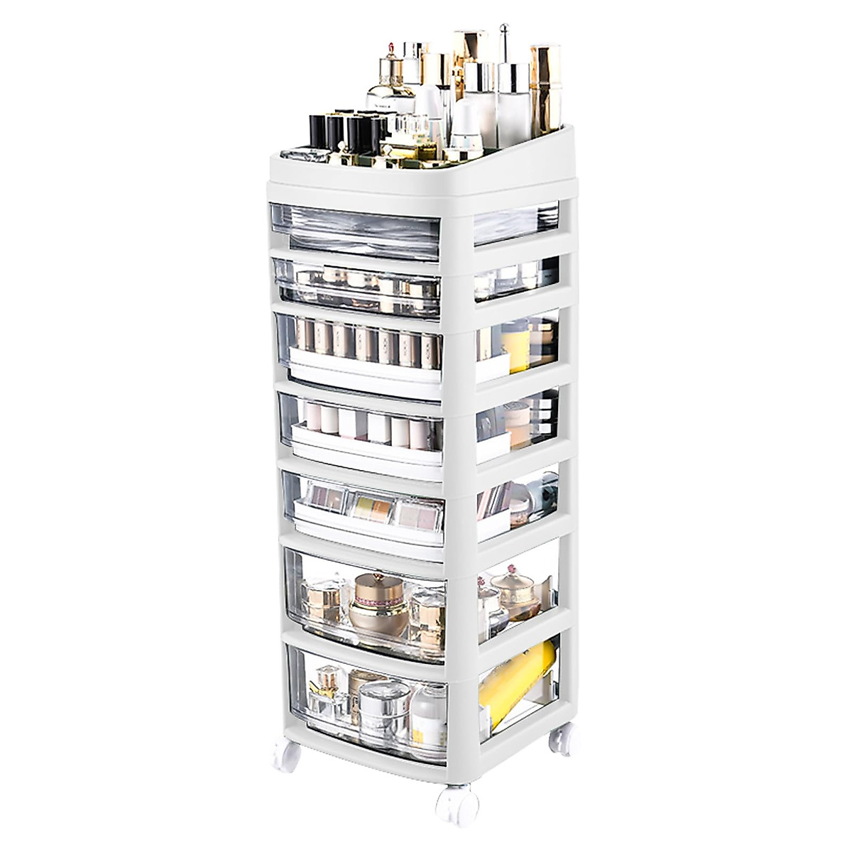 HamRoRung Makeup Storage Organizer with Drawers, Put 35 Lipstick, 18 Eyeshadow and 20 Brushes, Makeup Storage Cabinet, Floor Makeup Organizer with Wheels for Bedroom, Bathroom, Near the Vanity