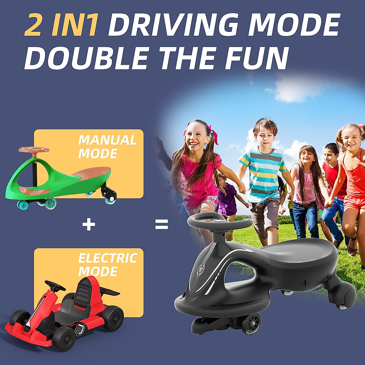 XJD Electric Wiggle Car Ride On Toy, 2 in 1 Wiggle Car Rechargeable Battery with Anti-Rollover Colorful Light-Emitting Wheel for Toddler Ride On Toys 3 Years and Up (Black)