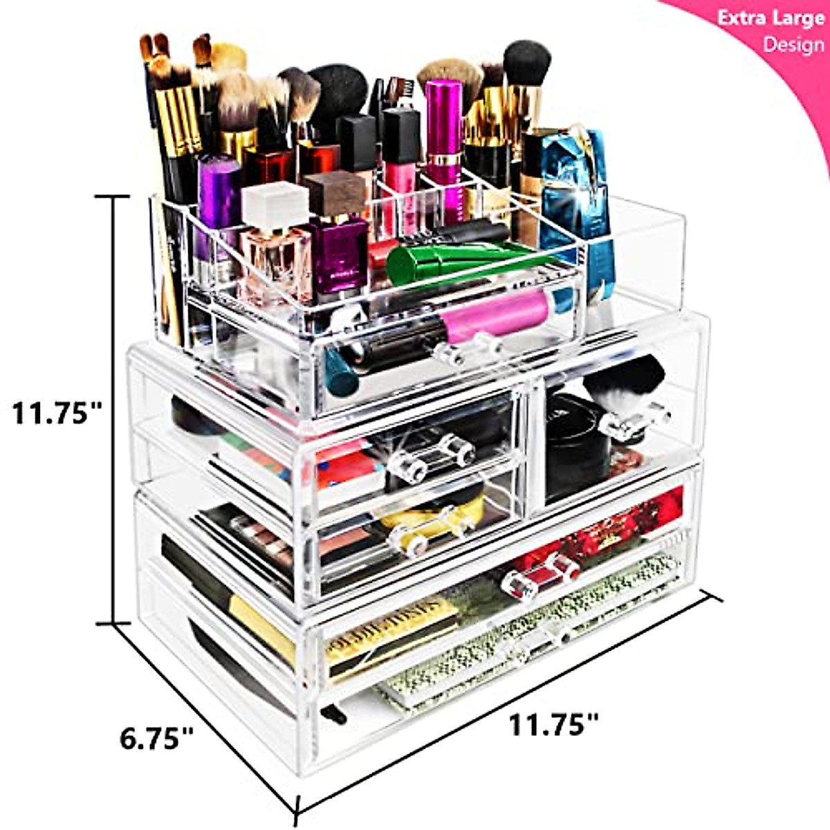 Sorbus Huge Acrylic Makeup Organizer - Extra Large Makeup Case & Display - Stackable 3 Piece Cosmetic Organizers and Storage Set with Acrylic Drawers - Great Vanity, Dresser & Bathroom Organizer
