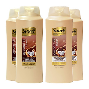 Suave Professionals Damage Repair Shampoo + Conditioner Coconut Oil, 28 Fl Oz (Pack of 4)