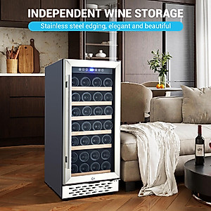 Jojoka 15 Inch Wine Fridge, 28 Bottles Wine Cooler Refrigerator Built-In or Freestanding, Wine Refrigerator With Double-Layered Glass Door & Safety Lock