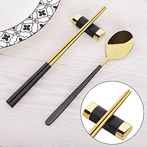 Stainless Steel Chopsticks Spoons and Chopsticks Holders, Flatware Gift Set (Black Golden)