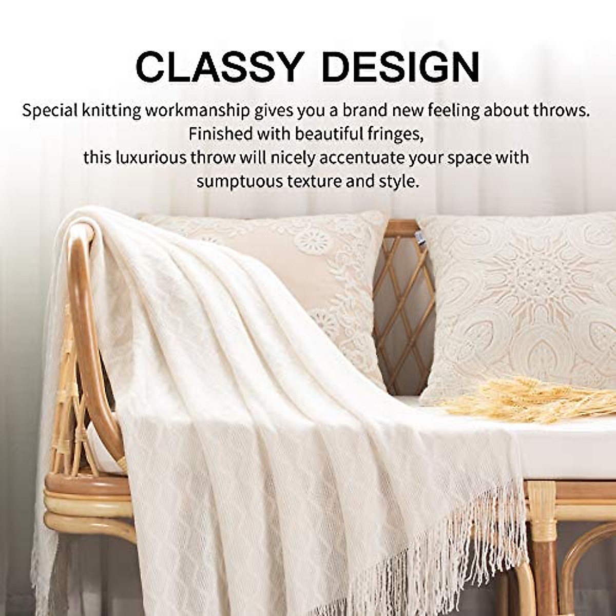 SPAOMY Throw Blanket, Knit Blanket with Tassels, Textured Cozy Lightweight Decorative Throw Blanket for Couch, Bed, Sofa, Travel- All Seasons (50x60 Inch, Beige)