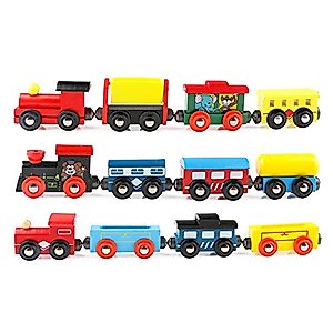 Wondertoys Wooden Train Cars 12 PCS Magnetic Train Sets Includes 3 Engines and Storage Bag - Wooden Train Set for Toddlers Compatible with Major Brands Train Set Tracks - Trains for Train Table
