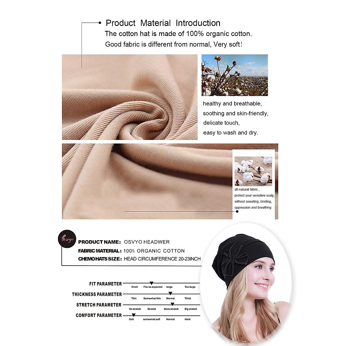 osvyo Cotton Chemo Turbans headwear Beanie Hat Cap for Women Cancer Patient Hairloss BLACK