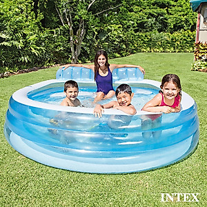 Intex Swim Center Inflatable Family Lounge Pool: Built-in Bench – Cup Holder – 156 Gallon Capacity – 90" x 86" x 31" – Blue