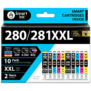 Smart Ink Compatible Ink Cartridge Replacement for Canon 280 281 PGI-280XXL CLI-281XXL (10 Combo Pack) to use with Pixma TR8520 TS9120 TS6120 TR8620 TR8620a TS6320 TR7520 TS6220 (PGBK & BK/C/M/Y)