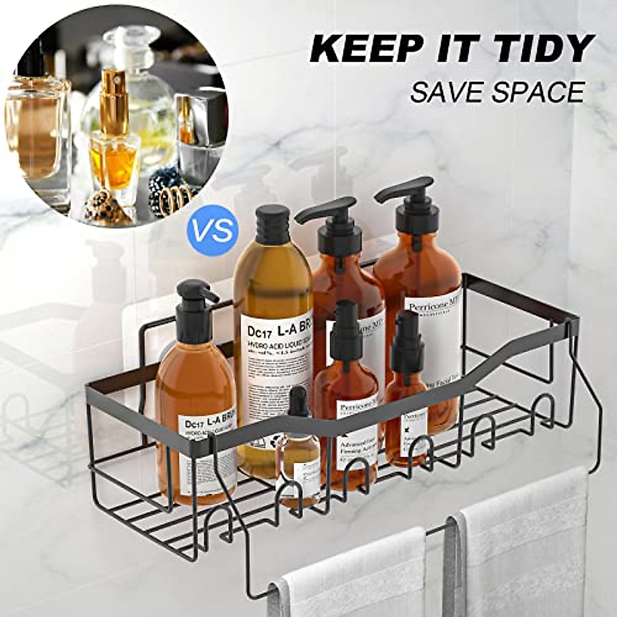 Shower Caddy,Adhesive Shower Organizer,Rustproof Stainless Steel Shower Shelves,Shower Shelf for Inside Shower, No Drilling Rustproof Bathroom Shower Caddy Basket Shelf with Soap Holder and 4 Hooks
