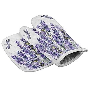 Kitchen Oven Gloves Lavender Flower Oven Mitts Pot Holder Set Purple Floral Dragonfly Hot Pad Sets for Kitchen BBQ Cooking Baking Grilling Heat Resistance