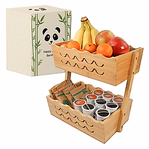 Happy Panda Bamboo 2 Tier Bamboo Fruit Basket Bowl Kitchen Countertop Display Wooden Shelf Organizer Bread Box Stand Holder Multi Purpose Large Storage Capacity for Vegetables & Houshold Accessories