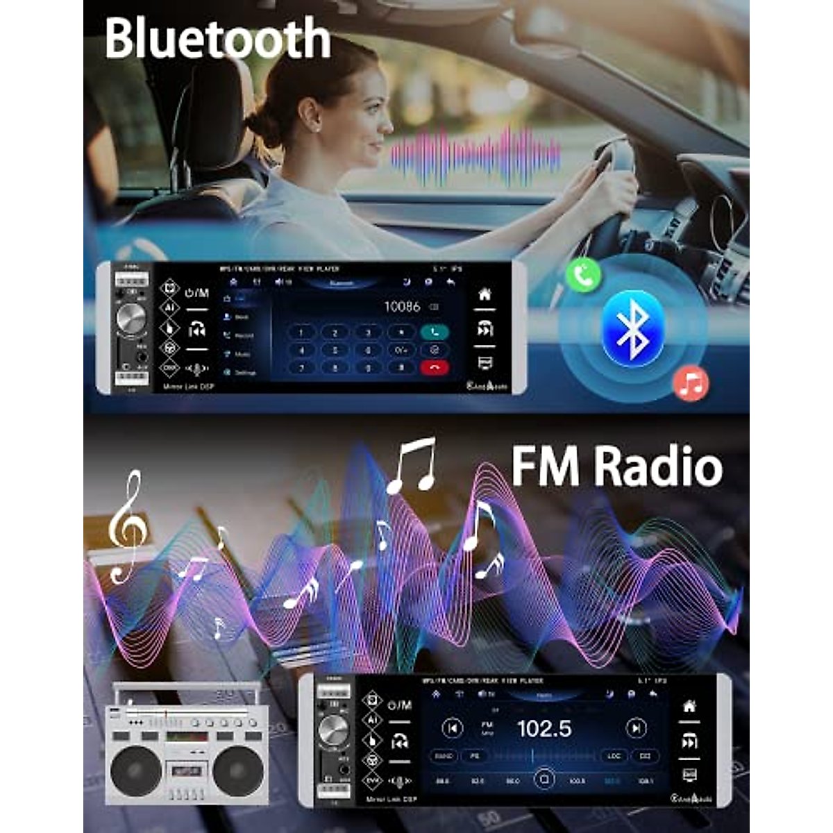 Car Radio Single Din with Apple Carplay Android Auto, 5.1 Inch IPS Touch Screen Car Stereo Support Bluetooth FM Mirror Link SWC Voice Assistant AUX-in USB TF Card Port with Backup Camera