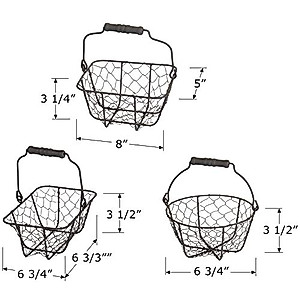 All-Purpose Display Baskets in 3 Shapes, Gray Metal Wire with Wood Handle, Rectangle- 5 Inches, Square- 6.75 Inches and Circle- 7.5 Inches