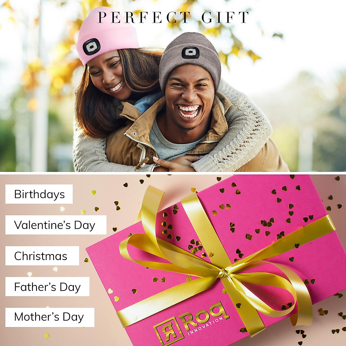 HEAD LIGHTZ Headlightz by Roq Innovation - Beanie with Light, Unisex LED Beanie Hat with Light Built in, Rechargeable, Leopard