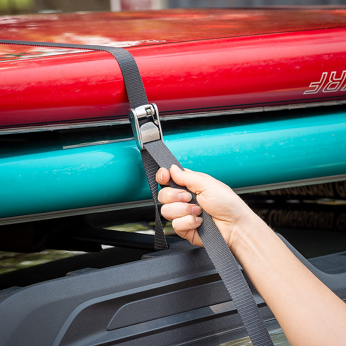 Nite Ize Dual CamJam Tie Down System - Tie Downs - Ratchet Straps - Tie Down Straps for Trucks & Cars - Luggage Strap for Camp Gear - Tie Downs Moving Supplies - 8 ft Strap, Black