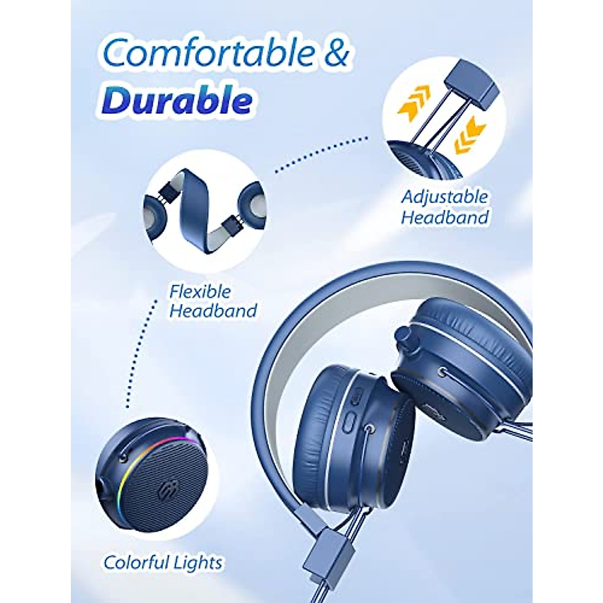 iClever Kids Bluetooth Headphones LED Light Up - 360° Extendable Microphone - 85/94 dB Safe Volume, 35Hrs Playtime, Shareport, Foldable Wireless Headphones for Kids/PS4/Xbox One/Switch/PC/Tablet