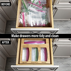 Ziploc Bag Organizers and Storage, Bamboo Wood Plastic Bag Holder for Kitchen Drawer, Compatible with Gallon, Quart, Snack, Sandwich, Pantry Organizer (4 in one), 12W 12L 3in