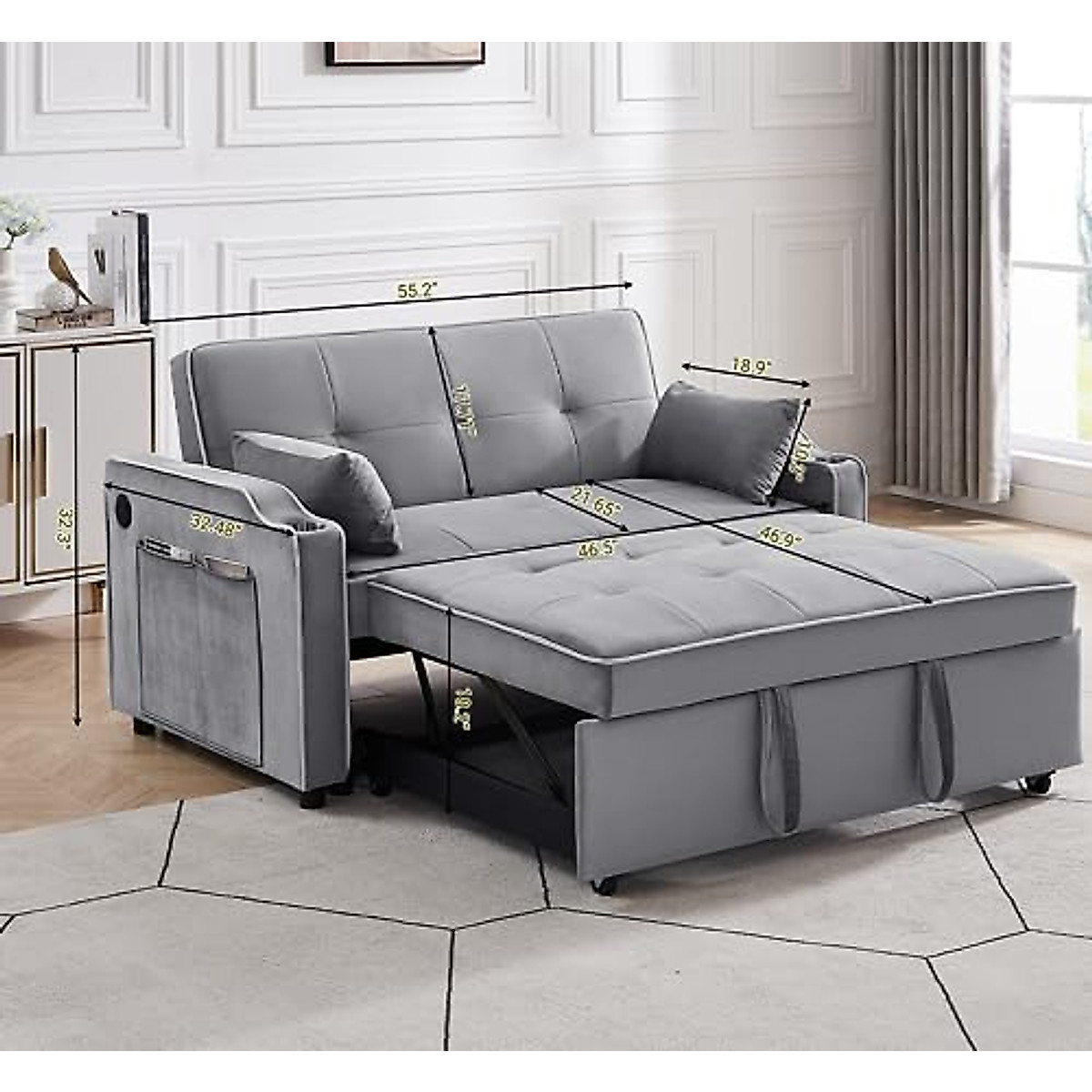 Convertible Futon Couch with USB Ports,Velvet Pull Out Sleeper Sofa Bed with Cup Holders and Pockets,3 in 1 Modern Loveseat with Adjustable Backrest,Small Love Seat for Living Room,Office,Grey