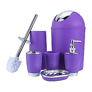 Bathroom Accessories Set, Purple Bathroom Accessories Set, 6Pcs Plastic Bathroom Accessory Set with Tumbler Toothbrush Holder Soap Dispenser Soap Dish Mini Trash Can Toilet Brush with Holder