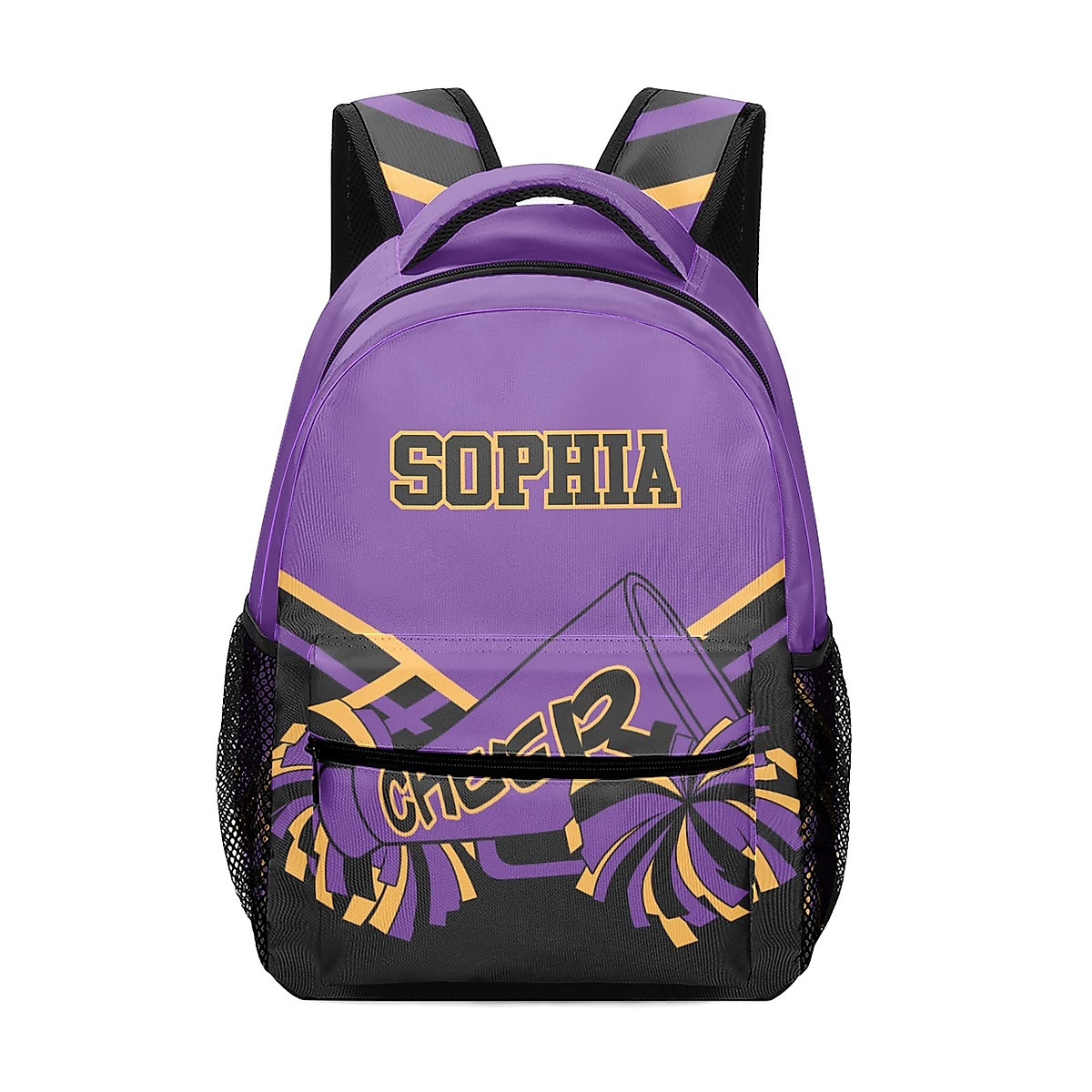 CUXWEOT Cheer Cheerleader Purple Gold Backpack Personalized Book Bag Sport Casual Hiking Camping Pack with Name