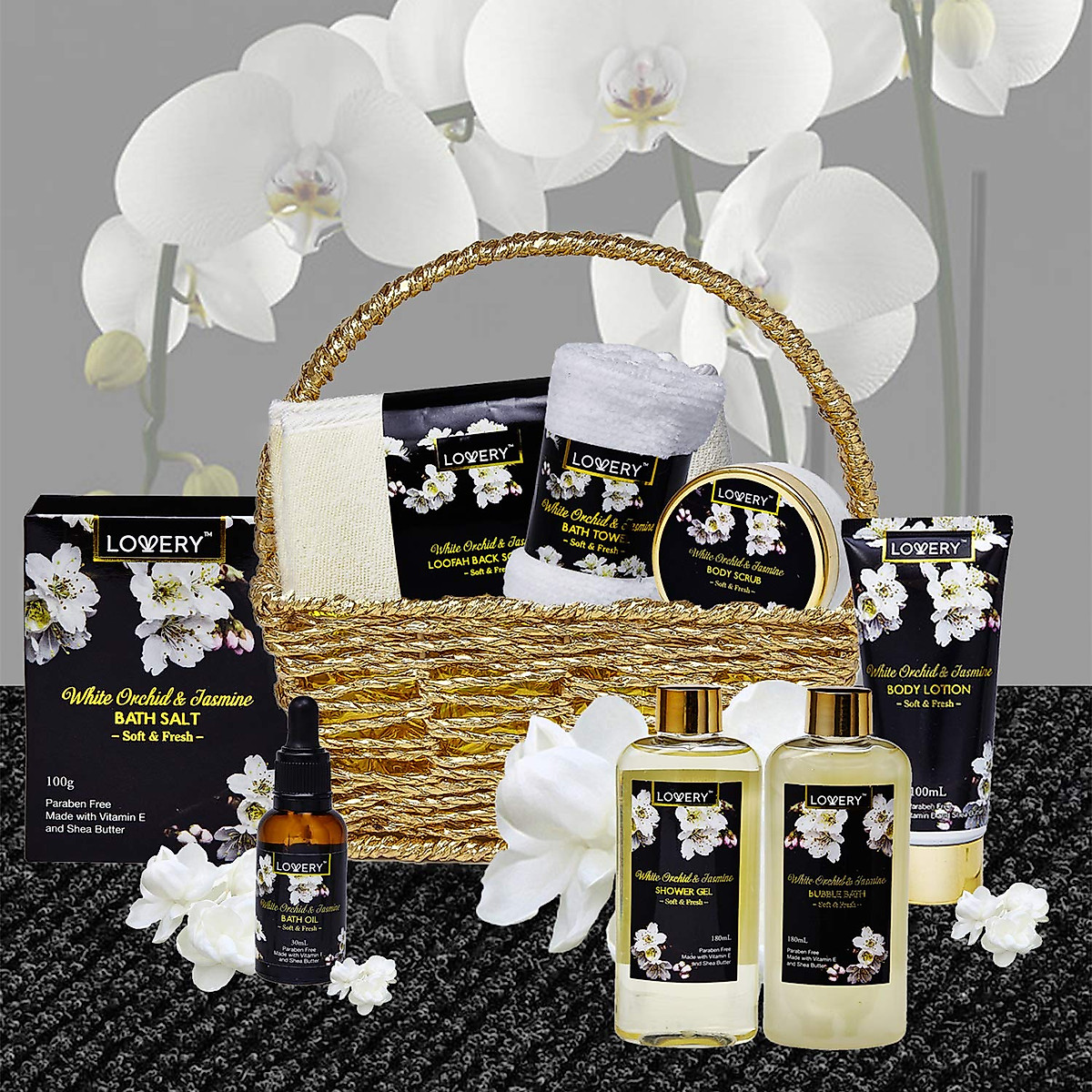 Valentines Day Gifts for Mom, Bath and Body Gift Basket for Women and Men – Orchid & Jasmine Home Spa Set With Body Scrubs, Lotions, Oils, Gels and More - Care Package for Women & Men - 9 Piece Set