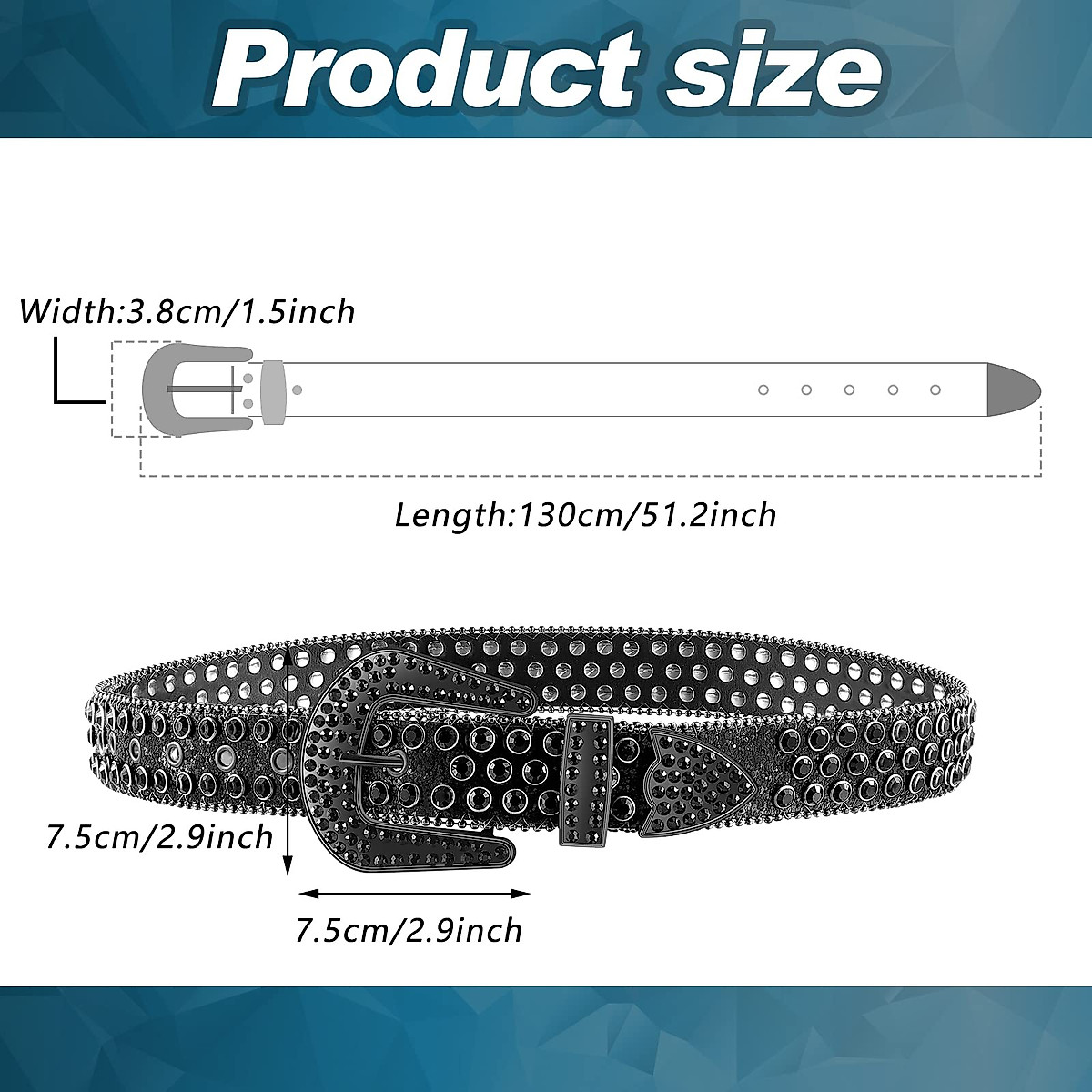 Geyoga Rhinestone Western Belt Bling Studded belts for Women Cowgirl Cowboy Leather Diamond Belt Vintage Waist Belt for Jeans Dress (Black, 39.4 Inch)