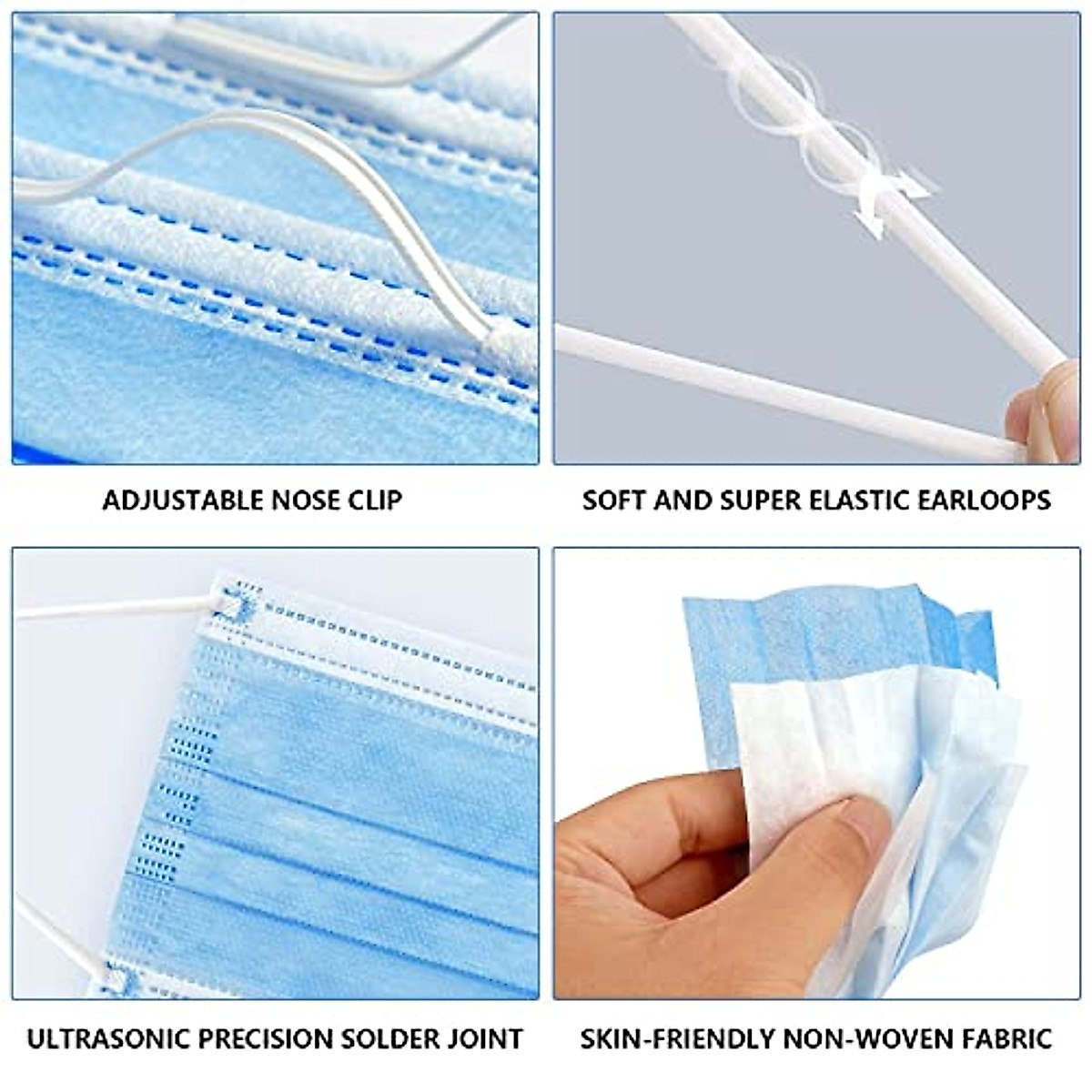 100 PCS (2-Box) 3-PLY Blue Disposable Safety Earloop Face Masks for Adults,High Ventilation 3-Layer(1xMelt-Blown,2xNon-Woven,Single General Use at Home/Office/School