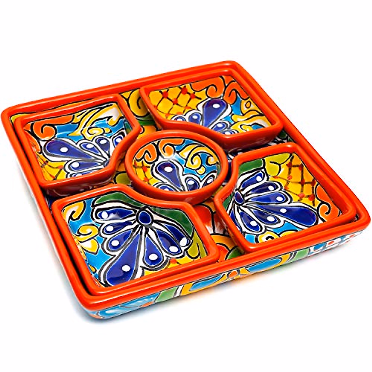 Enchanted Talavera Mexican Pottery Ceramic Large Appetizer Tray Serving Dishes Platter Dish Food Plate Condiments Organizer (Square 6 Piece Set, Red)