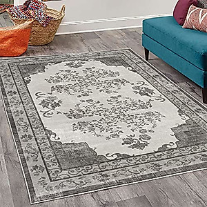 Ambesonne Rose Decorative Rug, Vintage Boho Oriental Culture Style Pattern of Swirling and Curlicue Flowers Art, Quality Carpet for Bedroom Dorm and Living Room, 5' 1" X 7' 5", Dark Grey