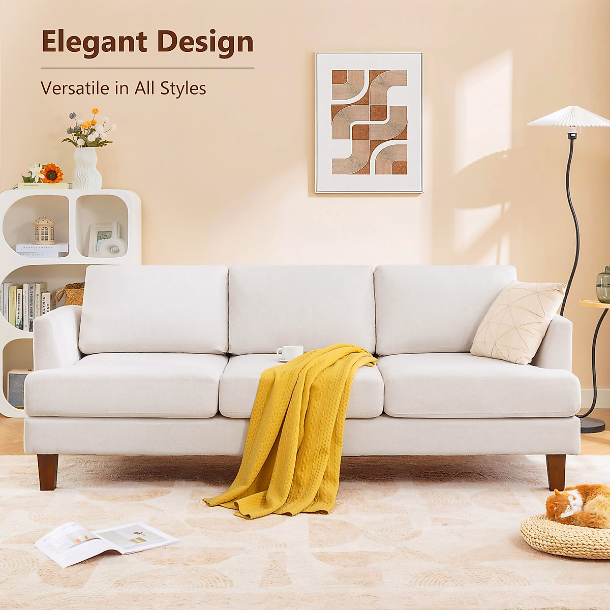 Busaurus 3 Seater Sofa Couch with Deep Seats, 89" Mid Century Modern Upholstered Sofa with Armrests, Comfy Couches for Living Room, Bedroom, Apartment and Office (Beige)