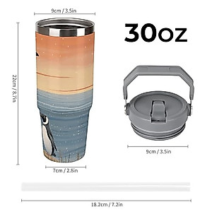30oz Stainless Steel Insulated Tumbler with Flip Lid & Straw, Leakproof Travel Mug for Car, Hand Drawn Penguin Double Wall Vacuum Thermal Coffee Cup with Handle, Spill-Proof Design for Hot/Cold Drinks