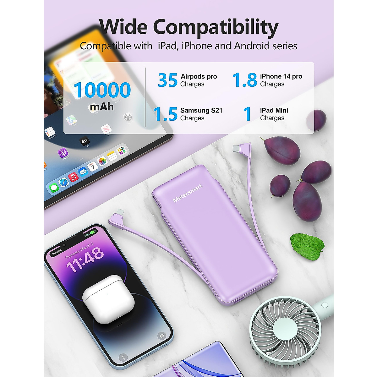 Metecsmart Portable Charger Power Bank with Built in Cable and AC Wall Plug, 10000mAh Fast USB C Phone Charger, Slim Thin Mini Charging Battery Pack Compatible with Smartphones and All USB-C Devices