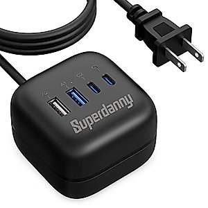 USB C Charger Station, SUPERDANNY GaN 70W USB C Charger, 4-Port USB Charging Hub with 4ft Cord, USB-C PD/USB-A QC Fast Charge Hub Compatible for MacBook, Laptops, iPad, iPhone, Samsung Galaxy, Black