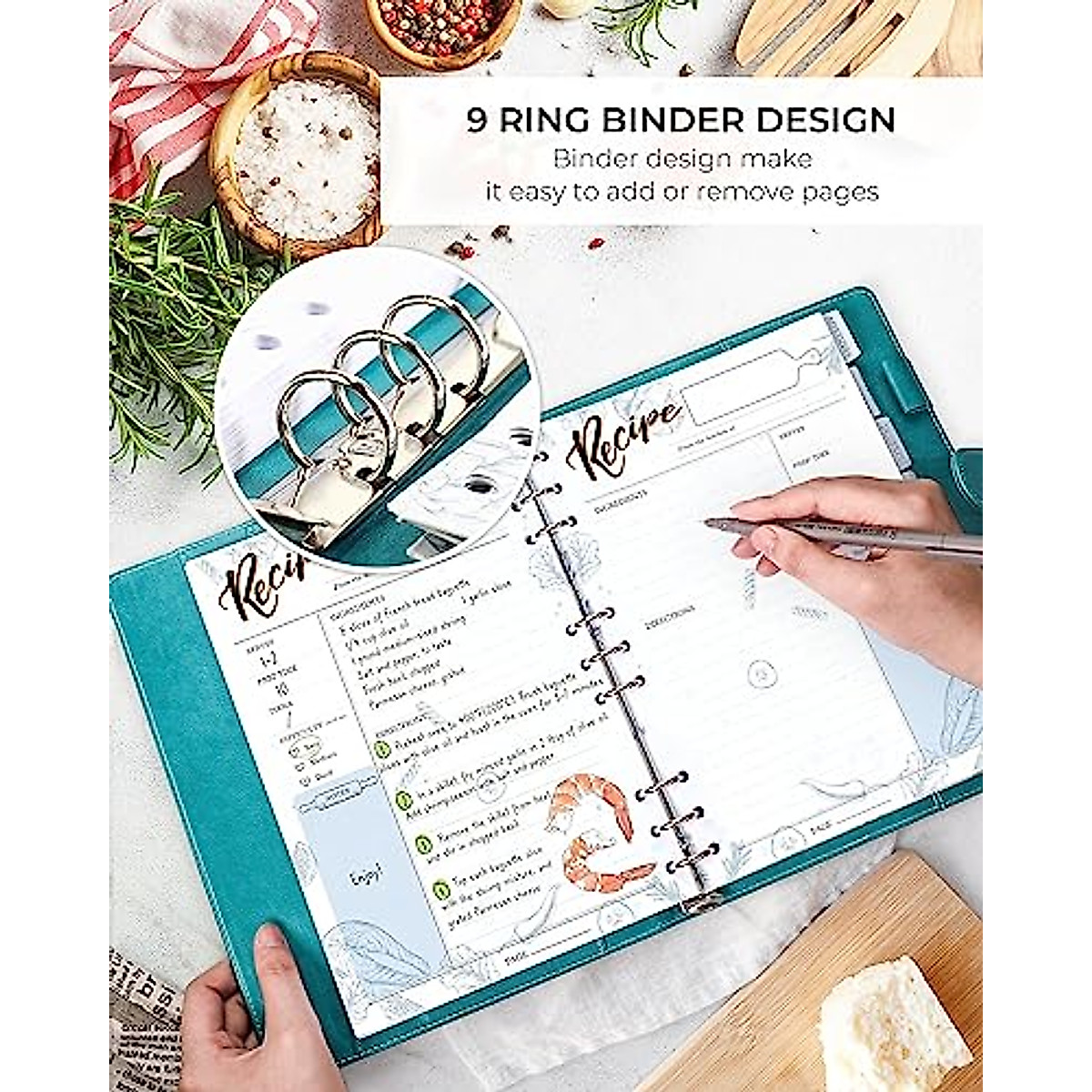 molekaus Recipe Book ，Blank Recipe Book to Write in Your Own Recipes，Recipe Notebook for Family Cooking， Removable Hardcover 7" x 10"Recipe Journal with 160 Pages-green