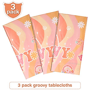 Tiamon 3 Pieces Rainbow Plastic Groovy Tablecloths Retro Hippie Table Covers for Rectangle Table, Disposable Daisy Flower Rainbow Party Decorations for 60s 70s Boho Themed Birthday Carnival Party