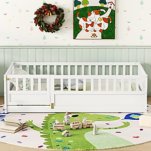 CITYLIGHT Twin Floor Bed with High Rails, Wood Montessori Floor Bed with Door Design, Kids Twin Bed Frame with Bed Slats for Boys Girls Children,White